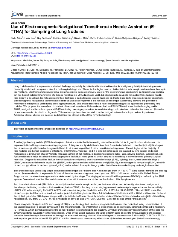 (PDF) Use of Electromagnetic Navigational Transthoracic Needle ...