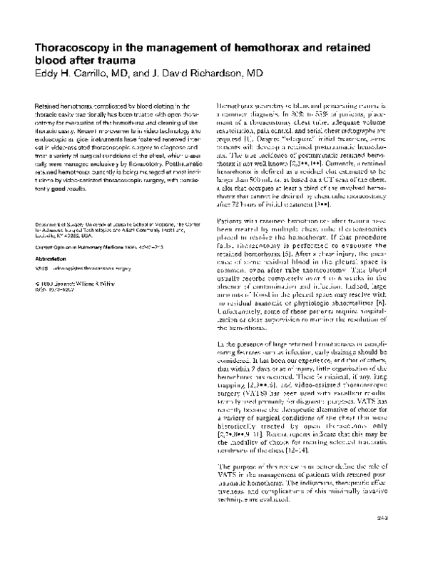 (PDF) Thoracoscopy in the management of hemothorax and retained blood ...