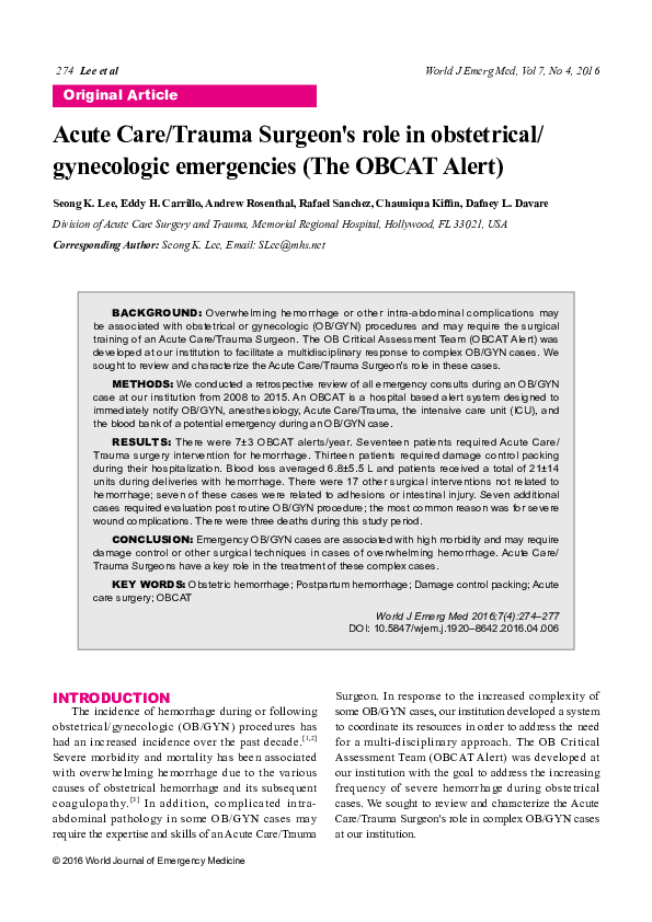 (PDF) Acute Care/Trauma Surgeon's role in obstetrical/gynecologic ...