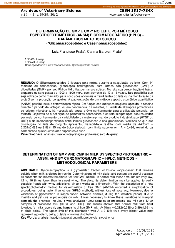 (PDF) Determinação De GMP e CMP* No Leite Por Métodos ...