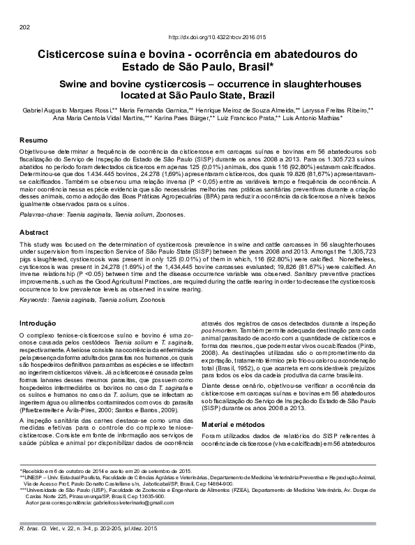 (PDF) Cisticercose suína e bovina - ocorrência em abatedouros do Estado ...