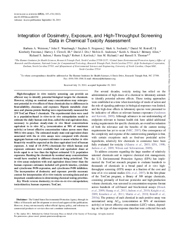 (PDF) Integration of Dosimetry, Exposure, and High-Throughput Screening Data in Chemical ...