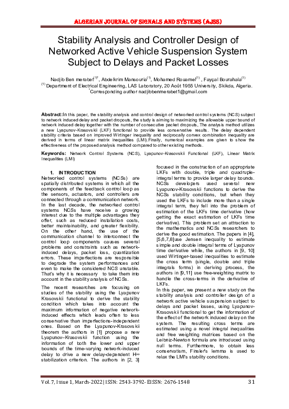 (PDF) Stability Analysis and Controller Design of Networked Active Vehicle Suspension System ...