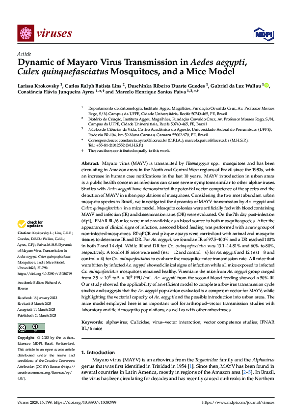 (PDF) Dynamic of Mayaro Virus Transmission in Aedes aegypti, Culex ...