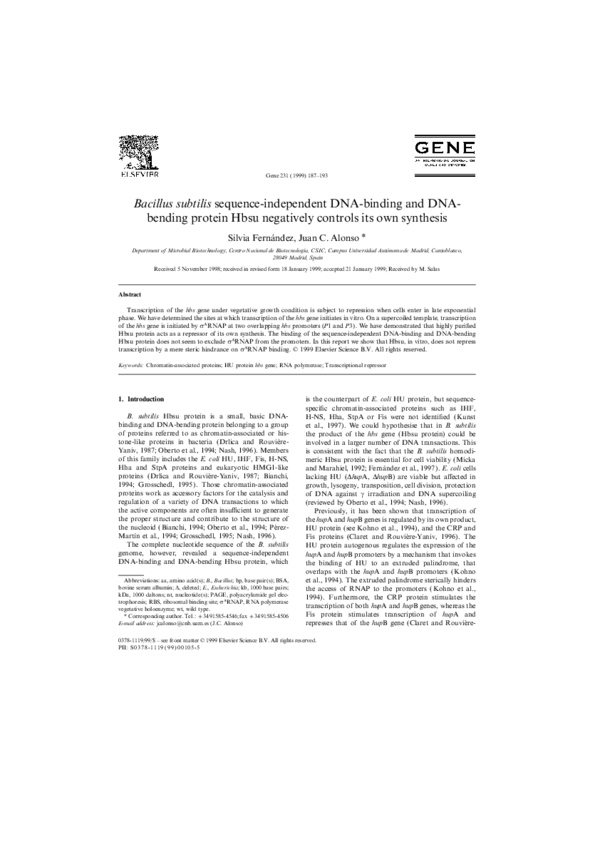 Pdf Bacillus Subtilis Sequence Independent Dna Binding And Dna Bending Protein Hbsu Negatively