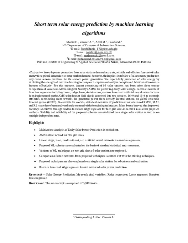 (PDF) Short term solar energy prediction by machine learning algorithms