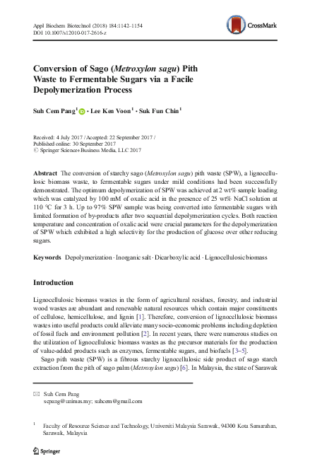 (PDF) Conversion of Sago (Metroxylon sagu) Pith Waste to Fermentable Sugars via a Facile ...