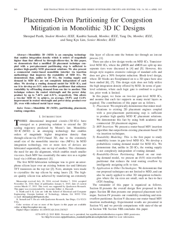 Pdf Placement Driven Partitioning For Congestion Mitigation In Monolithic 3d Ic Designs