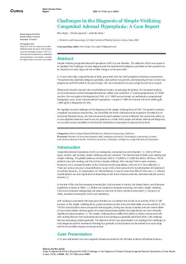 (PDF) Challenges in the Diagnosis of Simple-Virilizing Congenital ...