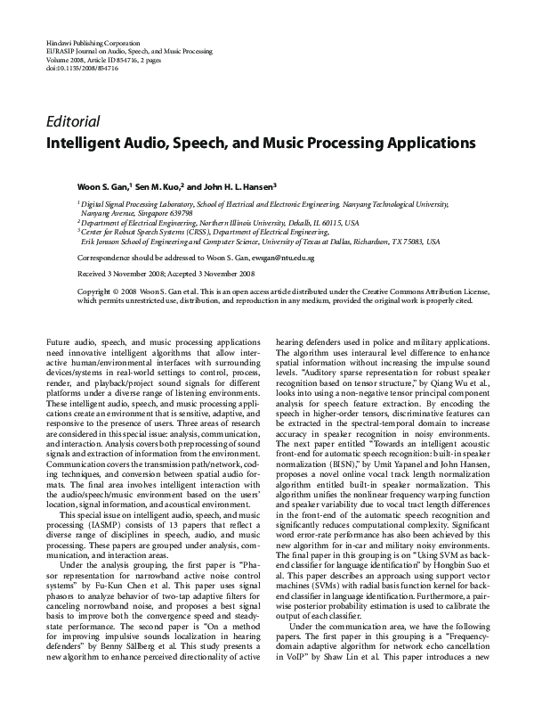 (PDF) Intelligent Audio, Speech, and Music Processing Applications