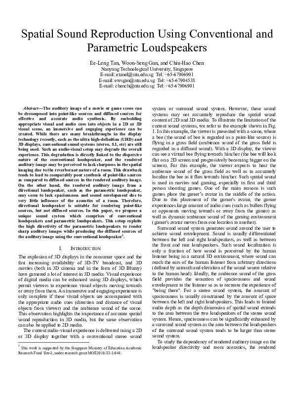 (PDF) Spatial sound reproduction using conventional and parametric loudspeakers