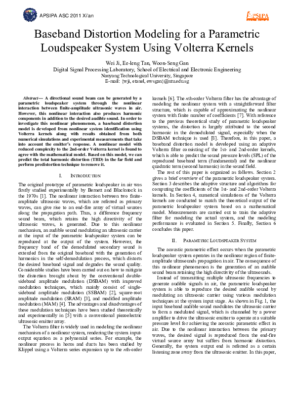 (PDF) Baseband Distortion Modeling for a Parametric Loudspeaker System Using Volterra Kernels