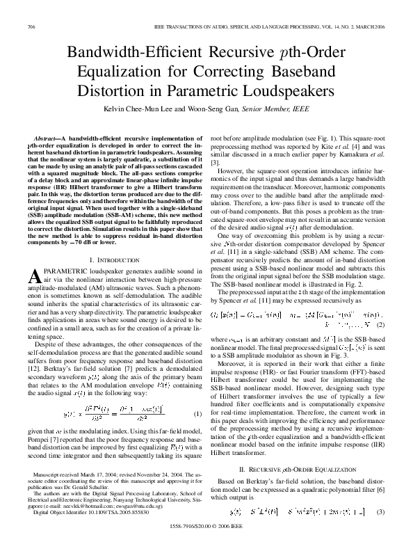 Pdf Bandwidth Efficient Recursive Pth Order Equalization For Correcting Baseband Distortion In