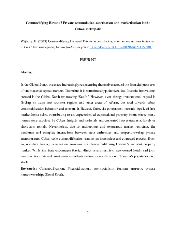 (PDF) Commodifying Havana? Private accumulation, assetisation and ...