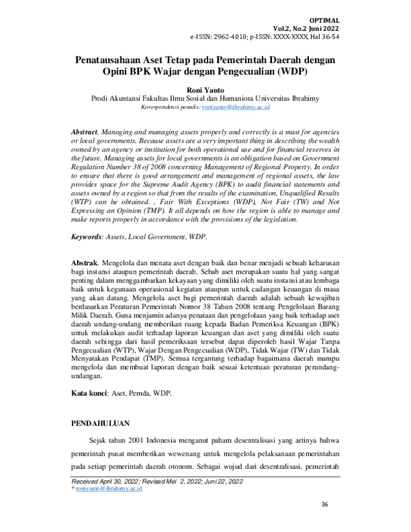 (PDF) Penatausahaan Aset Tetap pada Pemerintah Daerah dengan Opini BPK Wajar dengan Pengecualian ...