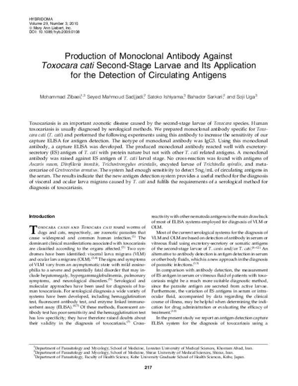 (PDF) Production of Monoclonal Antibody Against Toxocara cati Second-Stage Larvae and Its ...