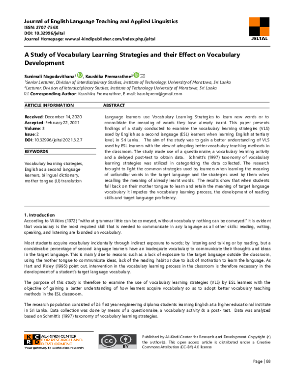 (PDF) A Study of Vocabulary Learning Strategies and their Effect on ...