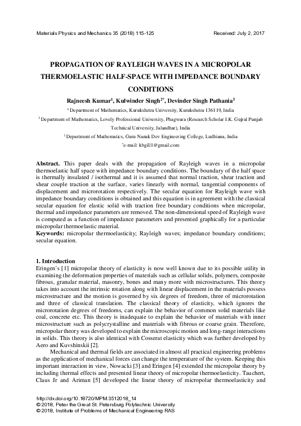 (PDF) Rayleigh Wave Propagation in Micropolar Thermoelastic Media