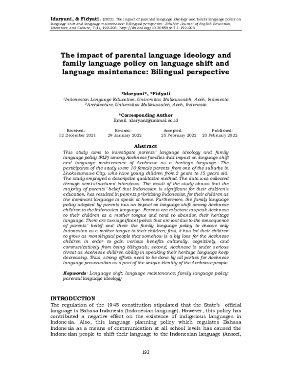 (PDF) The impact of parental language ideology and family language ...