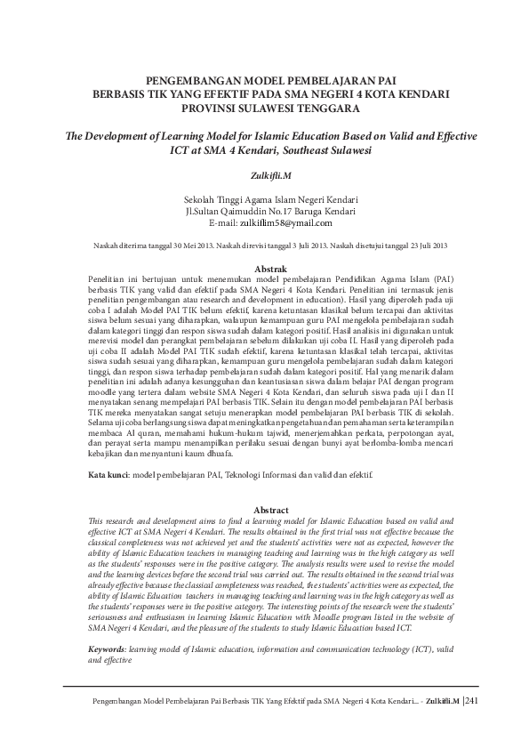 (PDF) Pengembangan Model PENGEMBANGAN MODEL PEMBELAJARAN PAI BERBASIS TIK YANG EFEKTIF PADA SMA ...