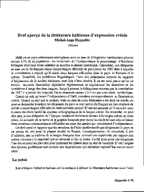 (PDF) Littérature haïtienne d'expression créole