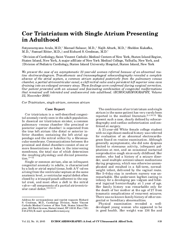 (PDF) Cor Triatriatum with Single Atrium Presenting in Adulthood