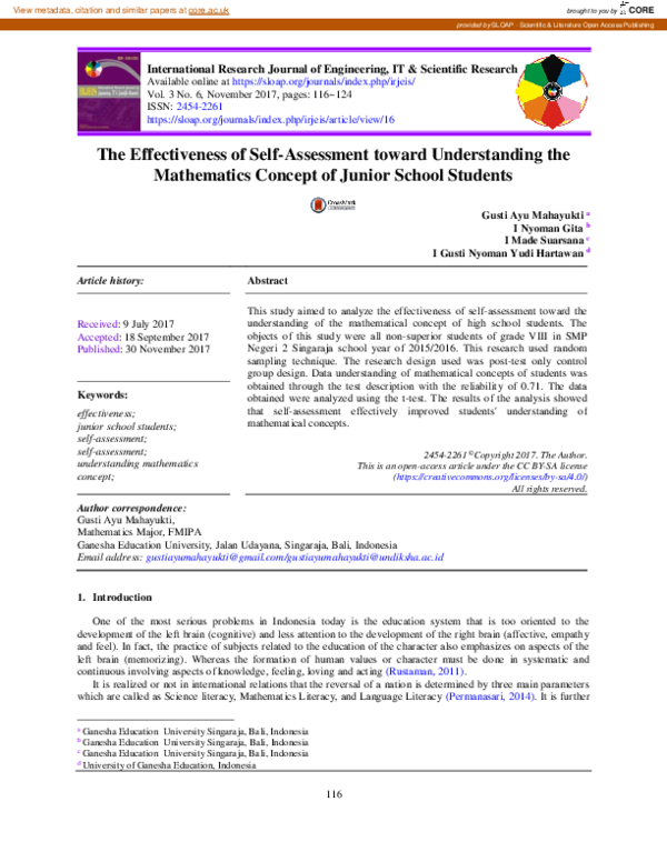 (PDF) The Effectiveness of Self-Assessment toward Understanding the ...
