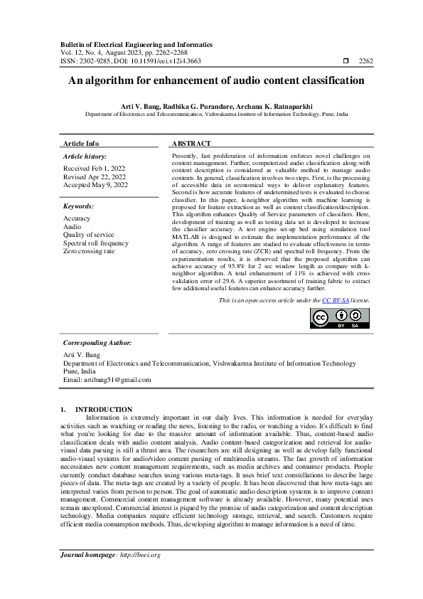 (PDF) An algorithm for enhancement of audio content classification