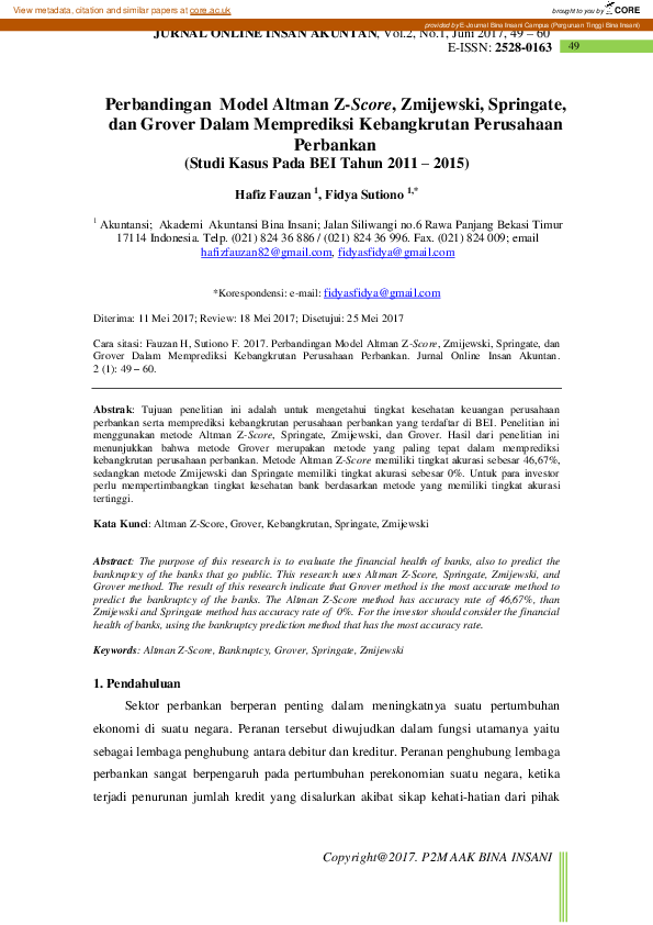 (PDF) Perbandingan Model Altman Z-Score, Zmijewski, Springate, dan Grover Dalam Memprediksi ...