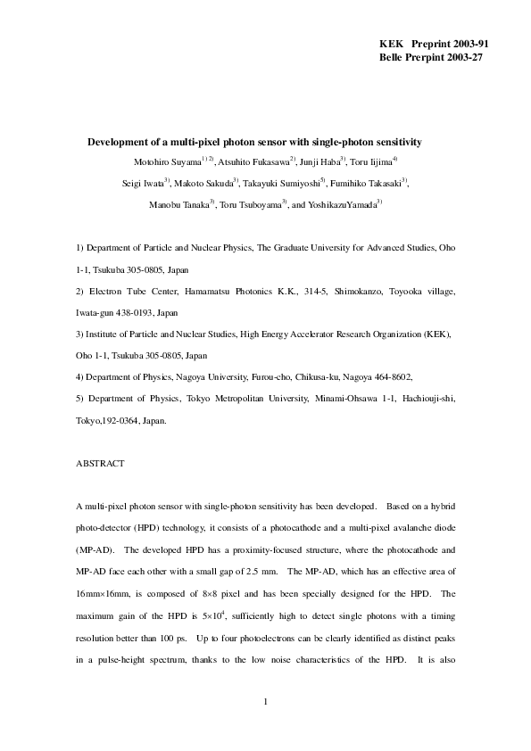 Pdf Development Of A Multi Pixel Photon Sensor With Single Photon Sensitivity