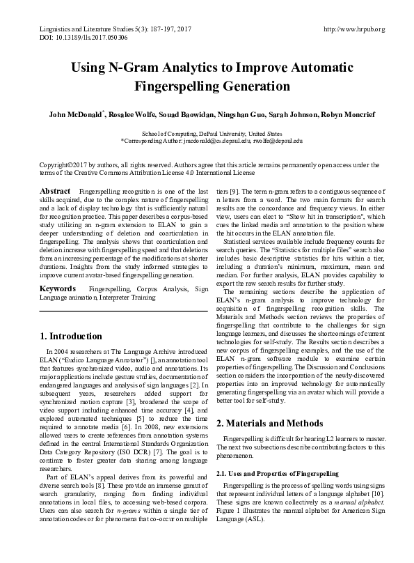(PDF) Using N-Gram Analytics to Improve Automatic Fingerspelling Generation