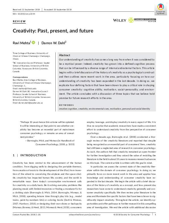 (PDF) Creativity: Past, present, and future