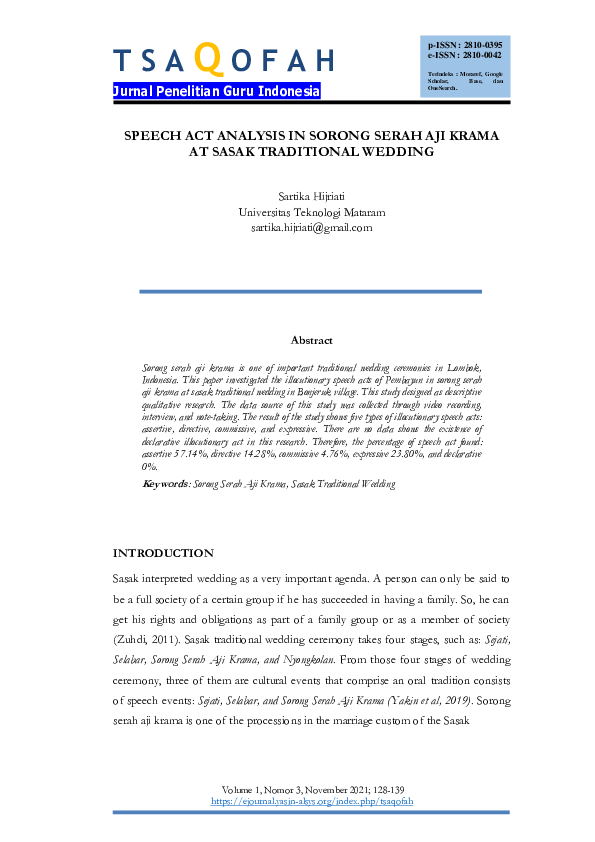 (PDF) Speech Act Analysis in Sorong Serah Aji Krama at Sasak Traditional Wedding