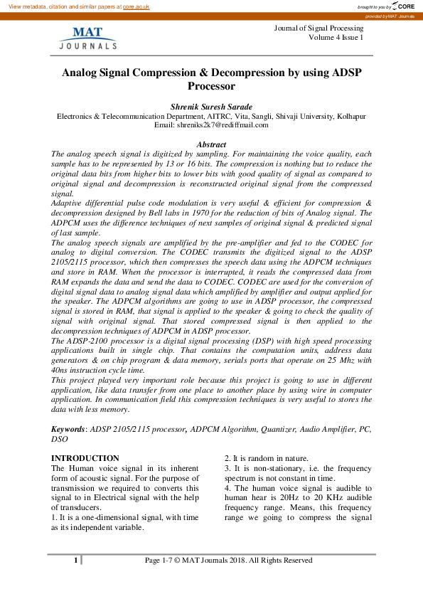 (PDF) Analog Signal Compression & Decompression by using ADSP Processor