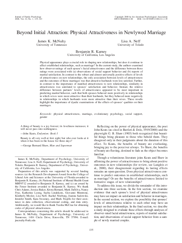 (PDF) Beyond initial attraction: Physical attractiveness in newlywed ...