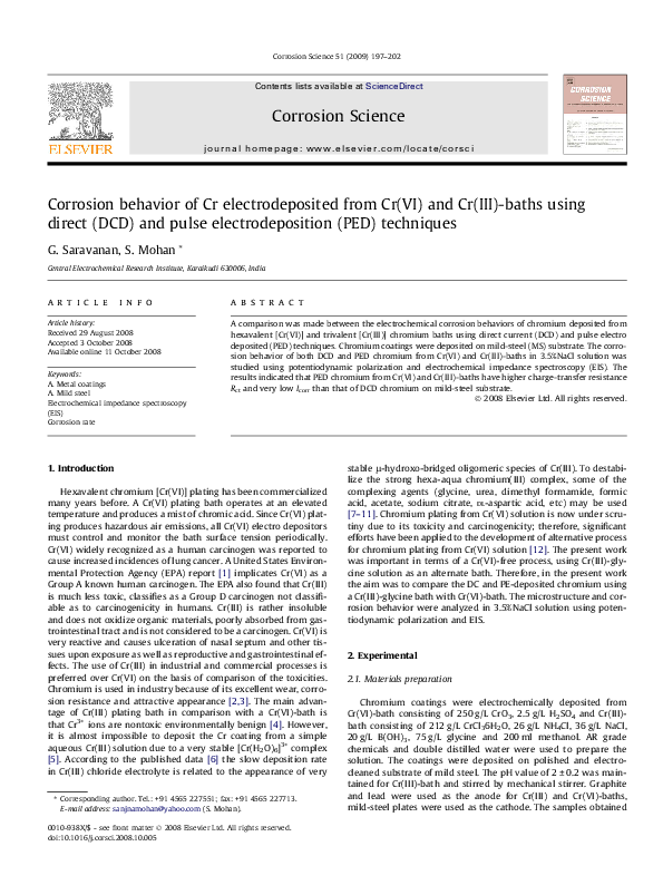 (PDF) Corrosion behavior of Cr electrodeposited from Cr(VI) and Cr(III)-baths using direct (DCD ...