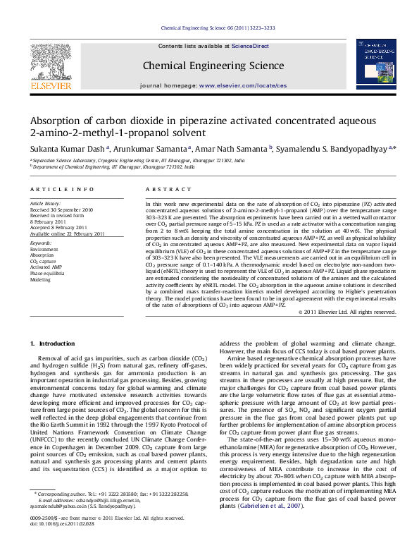 (PDF) Absorption of carbon dioxide in piperazine activated concentrated aqueous 2-amino-2-methyl ...