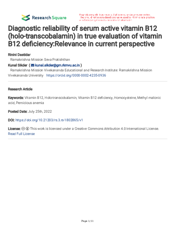 (PDF) Diagnostic reliability of serum active vitamin B12 (holo ...