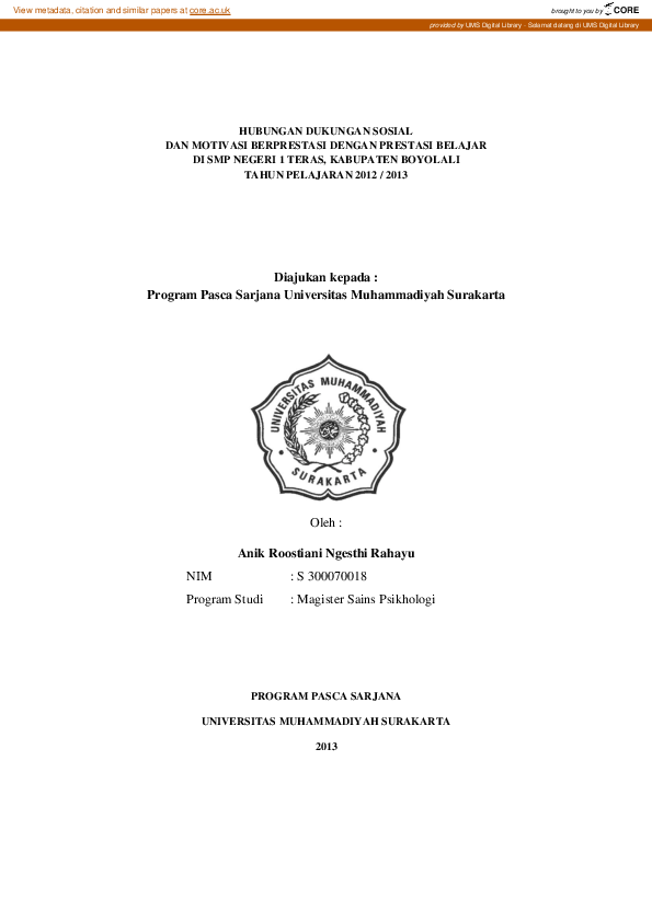 (PDF) Hubungan Dukungan Sosial Dan Motivasi Berprestasi Dengan Prestasi Belajar Di SMP Negeri 1 ...