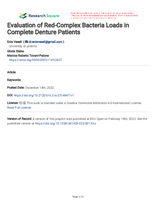 (PDF) Evaluation of Red-Complex Bacteria Loads in Complete Denture Patients