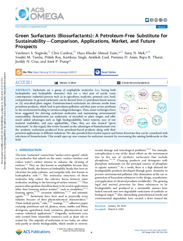 (PDF) Green Surfactants (Biosurfactants): A Petroleum-Free Substitute for Sustainability ...