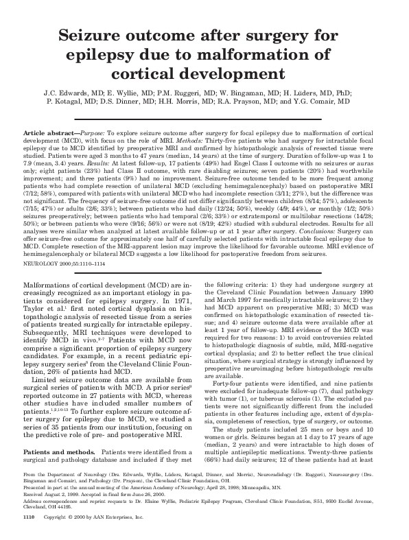 (PDF) Seizure outcome after surgery for epilepsy due to malformation of ...