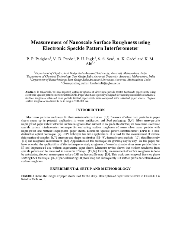 (PDF) Measurement of nanoscale surface roughness using electronic speckle pattern interferometer