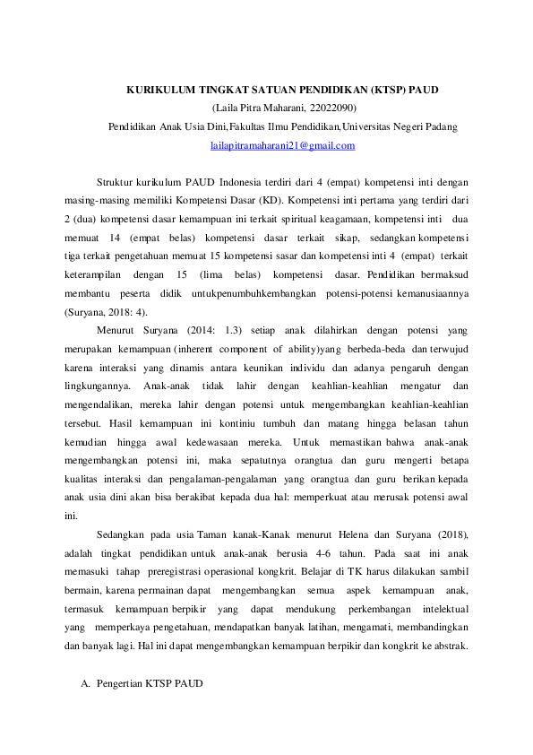 (PDF) KURIKULUM TINGKAT SATUAN PENDIDIKAN (KTSP) PAUD