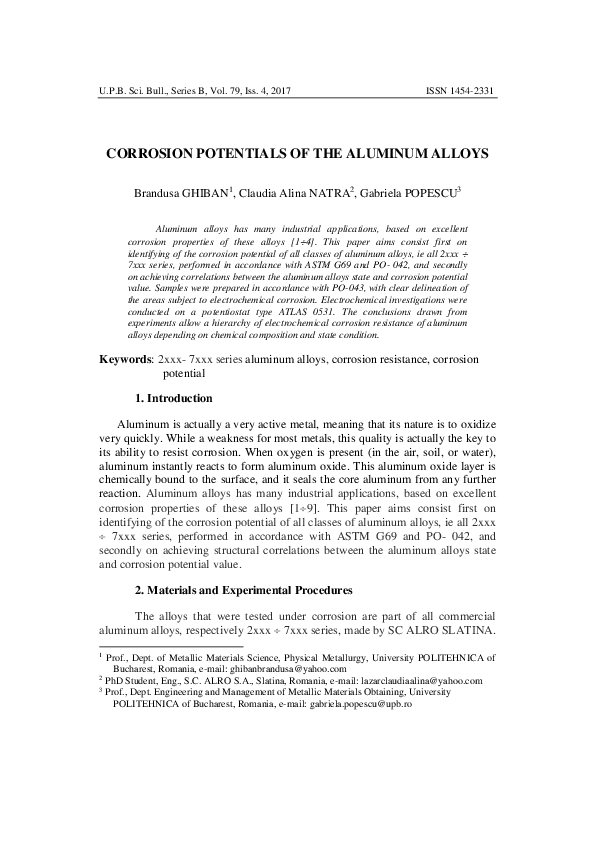 (PDF) Corrosion Potentials of the Aluminum Alloys