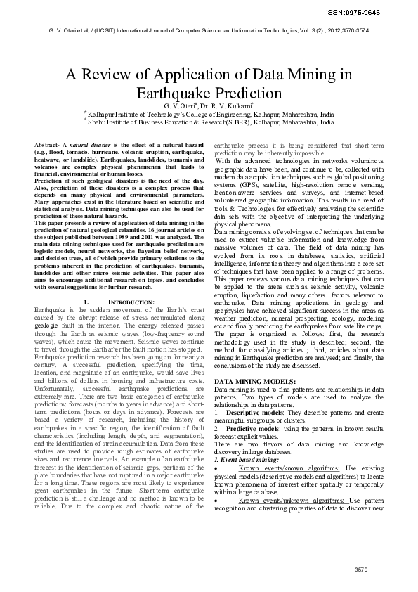 Pdf A Review Of Application Of Data Mining In Earthquake Prediction