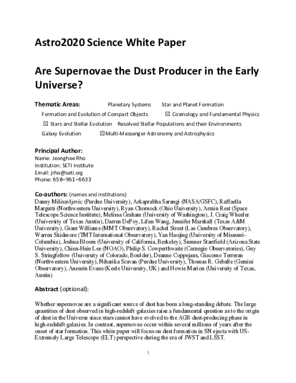 (PDF) Astro2020 Science White Paper: Are Supernovae the Dust Producer ...