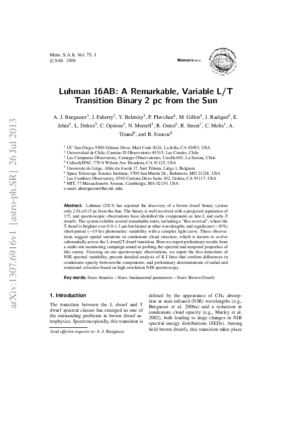 (PDF) Luhman 16AB: A Remarkable, Variable L/T Transition Binary 2 pc ...