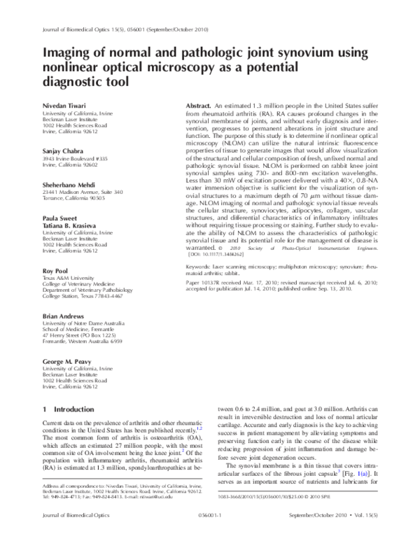 (PDF) Imaging of normal and pathologic joint synovium using nonlinear ...