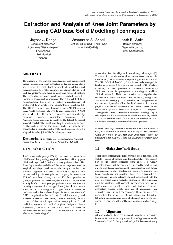 Pdf Extraction And Analysis Of Knee Joint Parameters By Using Cad Base Solid Modelling